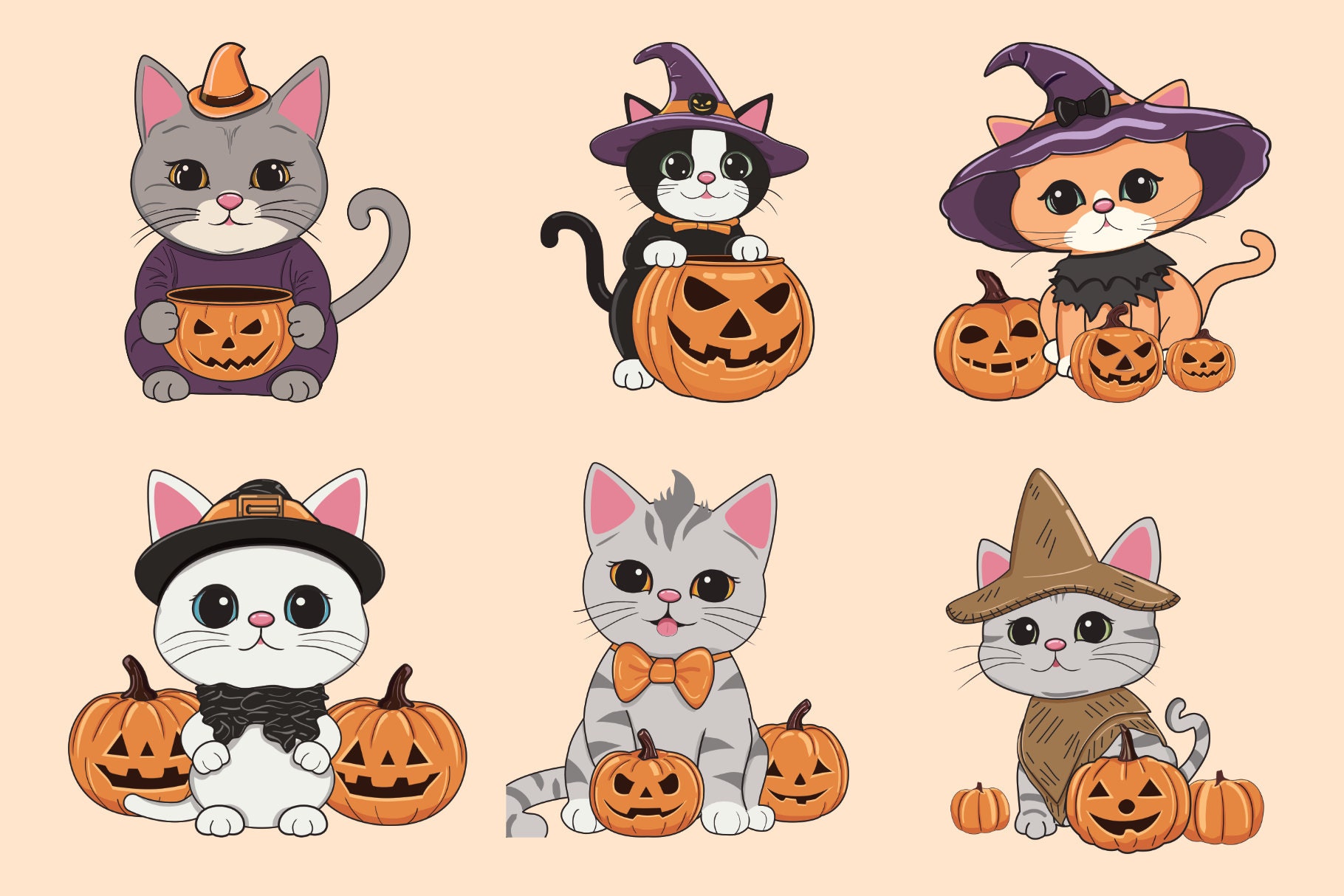 Cute Halloween Cats and Pumpkin Clipart Bundle Printable Digital ...