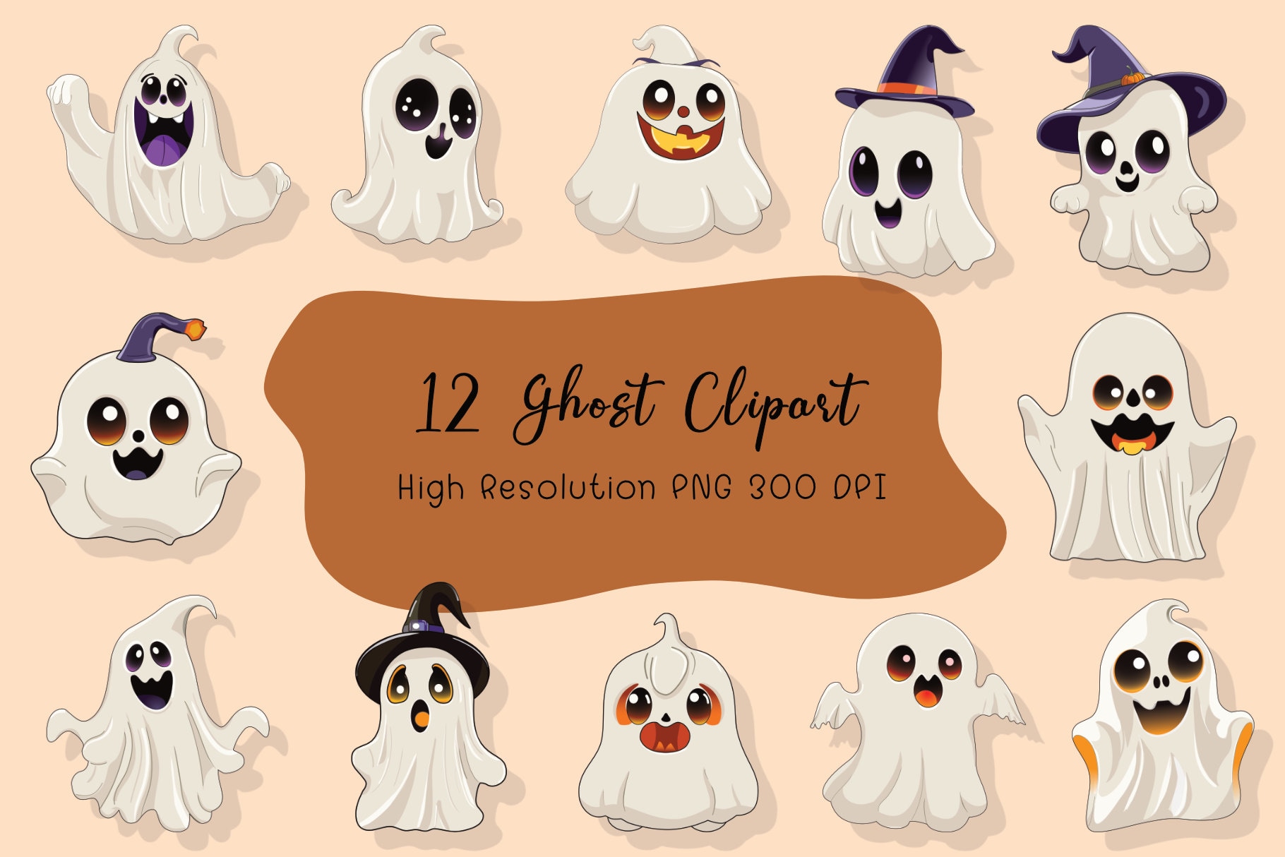 Cute Ghost Clipart Bundle Little Ghost Clip Art Sticker Halloween Party ...