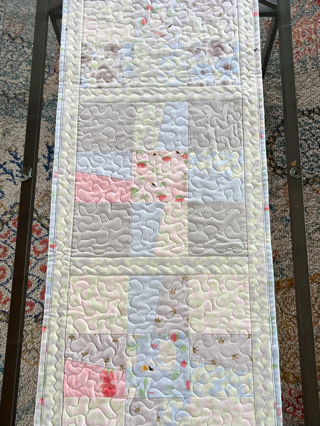 Handmade Quilted Table Runner: Pastel Floral Swans, 41x15 Cotton Topper ...