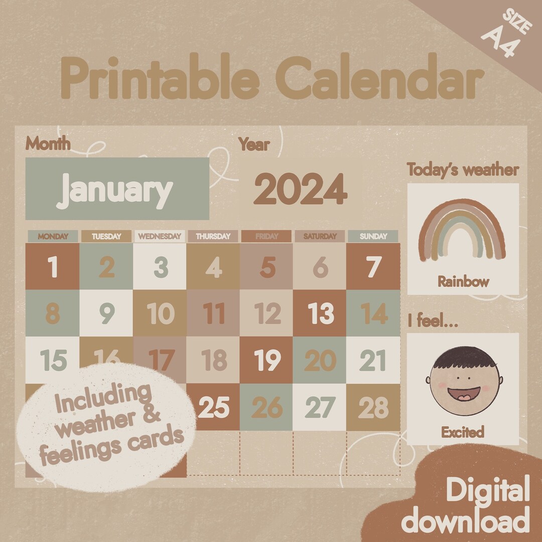 A4 Kids Calendar Printable Kids Poster Natural Style Kids - Etsy