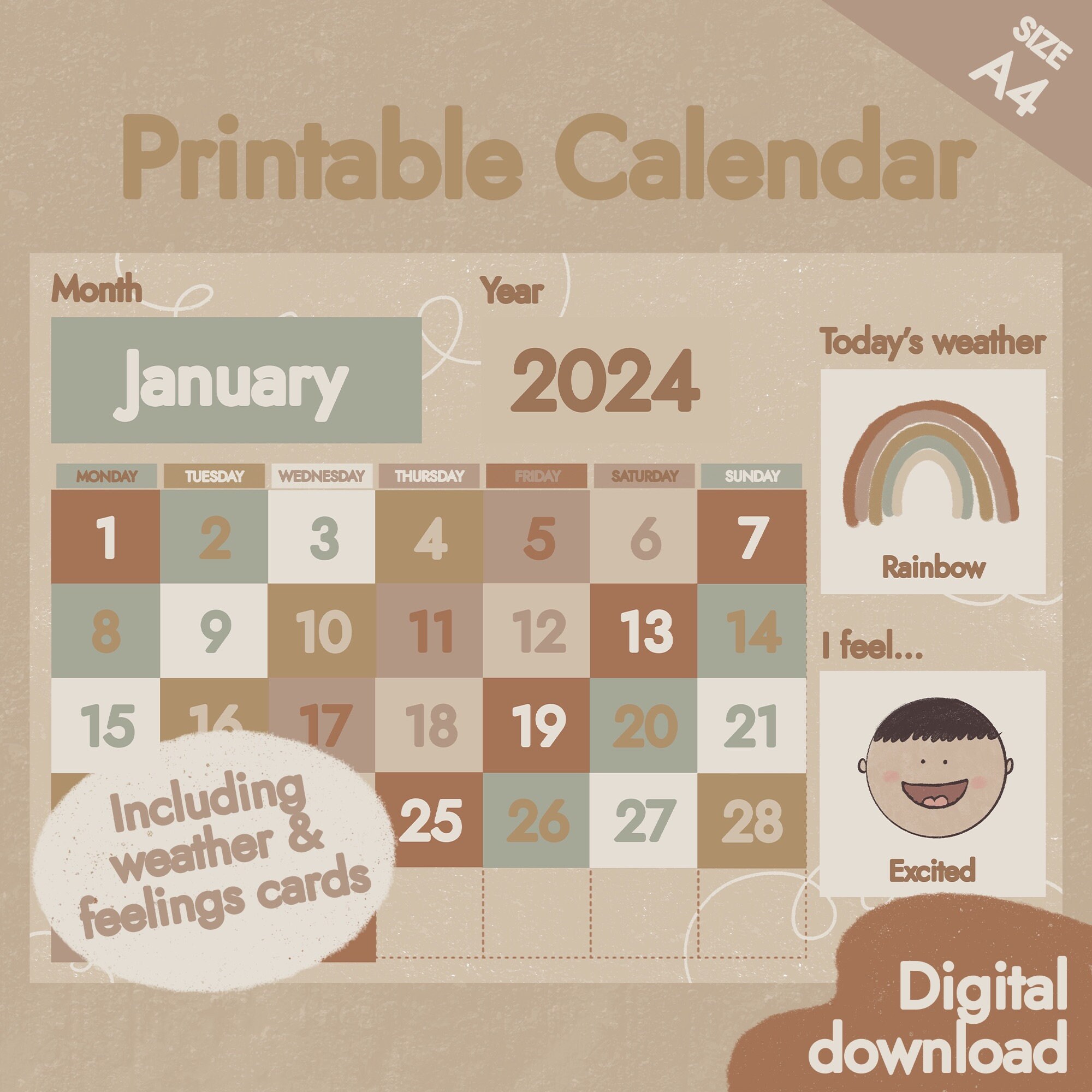 A4 Kids Calendar Printable Kids Poster Natural Style Kids - Etsy