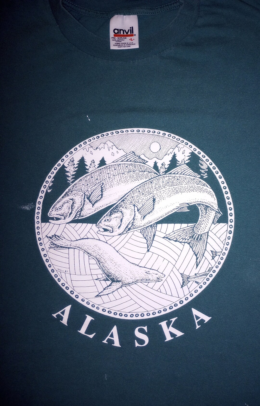 Ray Troll Alaska With Two Salmon Dark Green Large T Shirt 1990's Pre ...