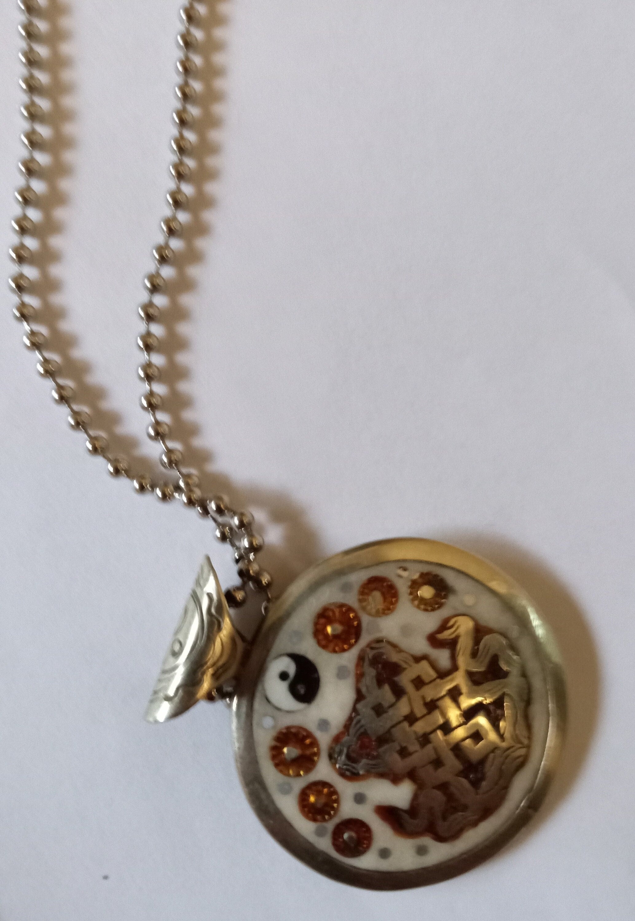 Tibetan Silver, Yak Bone & Enamel Pendant on a Chain With a Mantra and ...