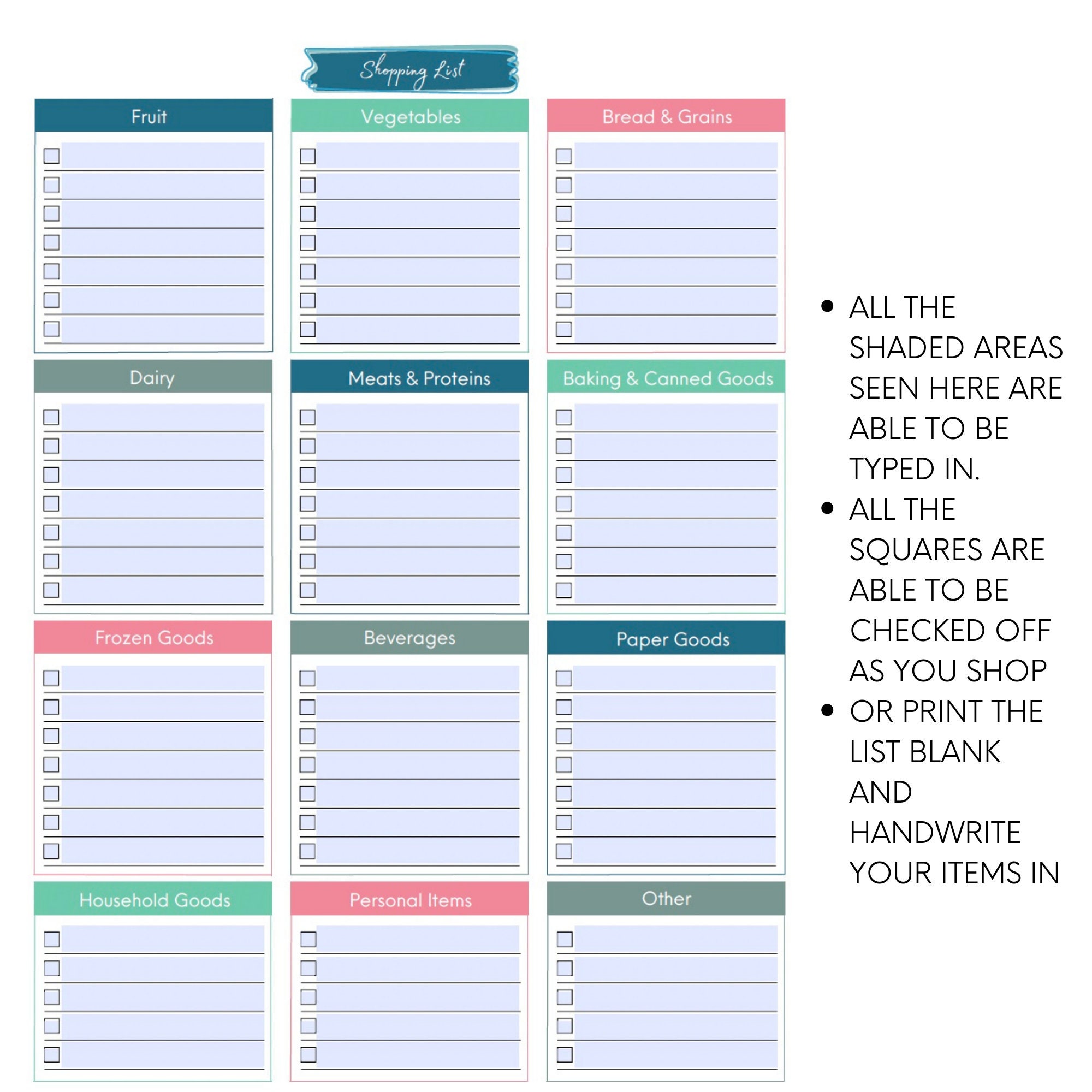 Printable and Editable Shopping List - Etsy