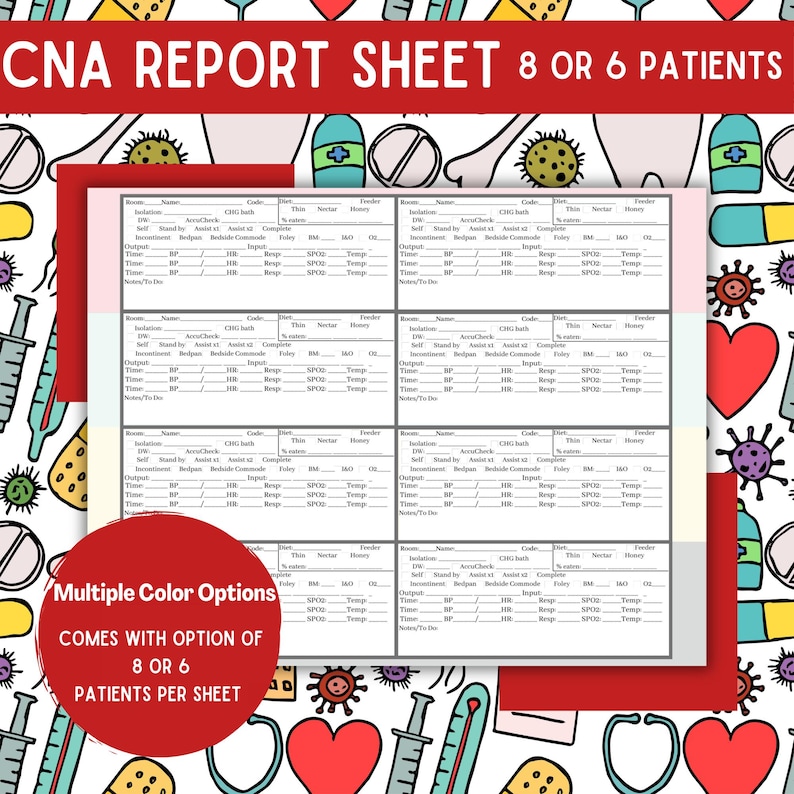 CNA Patient Report Sheet for PCT Sheet for 8 or 6 Patient Vital Report ...