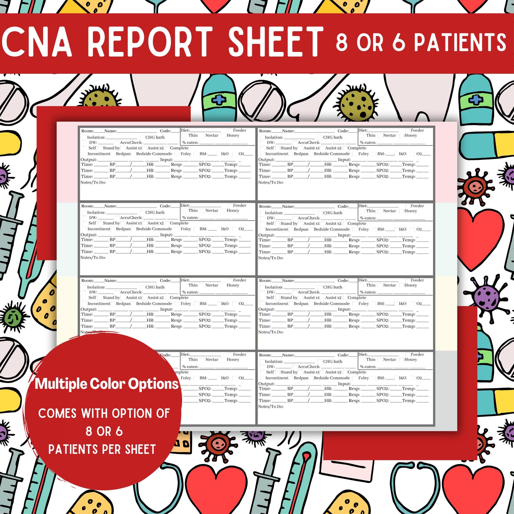 CNA Patient Report Sheet for PCT Sheet for 8 or 6 Patient Vital Report ...