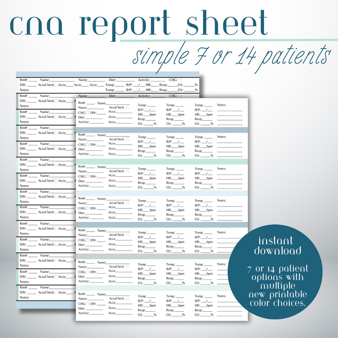 Simple CNA 7 or 14 Patient Report Sheet - Etsy