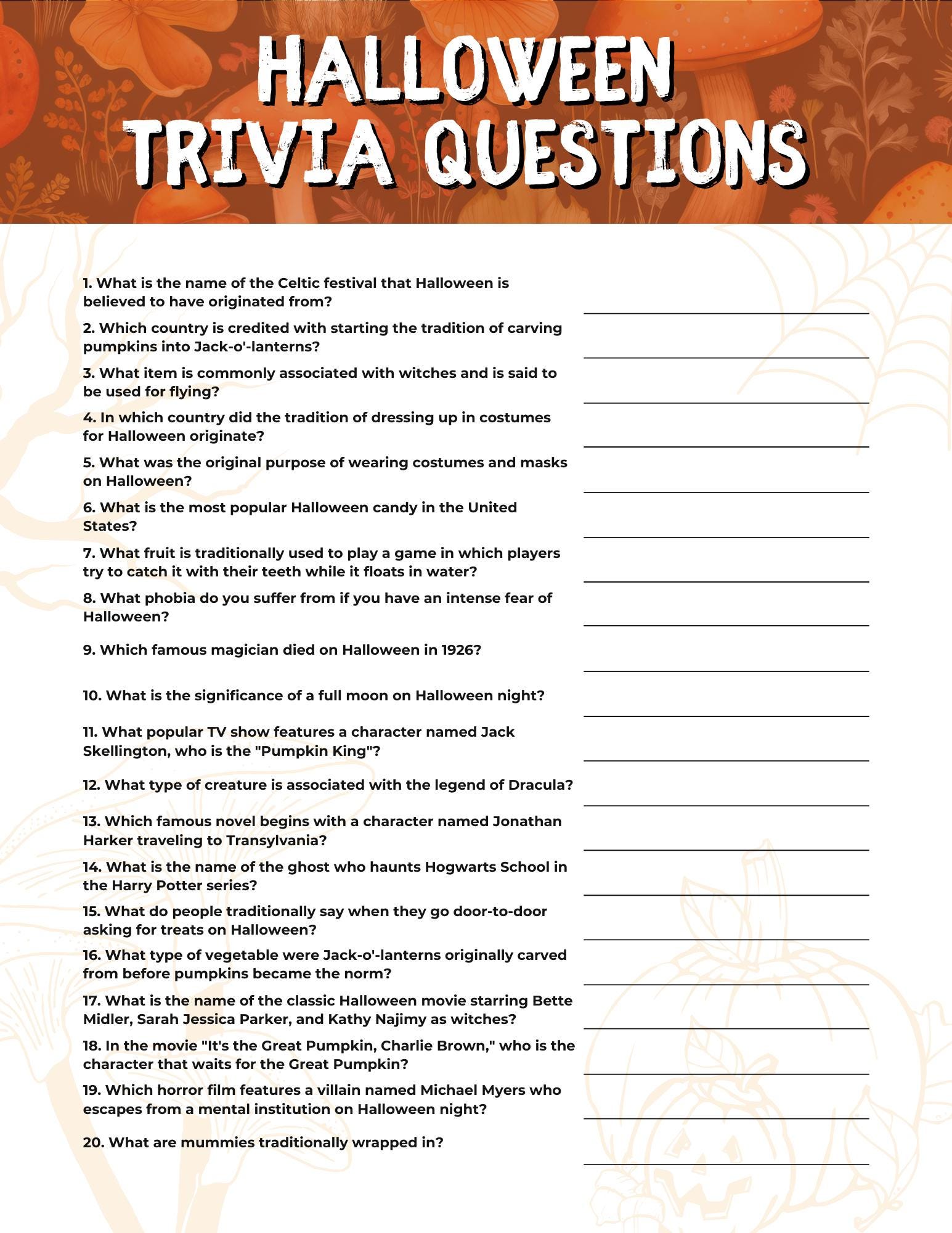Halloween Trivia Questions With Answer Sheet | Printable Halloween Game ...