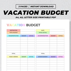 Vacation Budget Printable, Holiday Budget Planner, Travel Spending ...