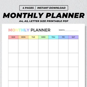 Blank Monthly Planner Printable, Daily Calendar Organizer, Undated ...