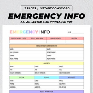 Emergency Information Printable, Editable Important Information Tracker ...