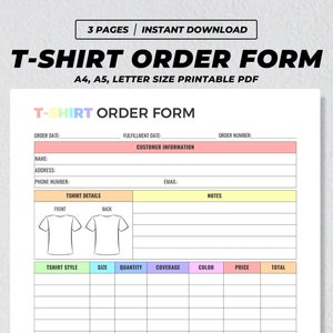 T-shirt Order Form Printable, Small Business Order Template, Custom ...