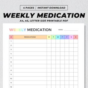 Weekly Medication Log Printable, Medicine Dosage Tracker, Medication ...