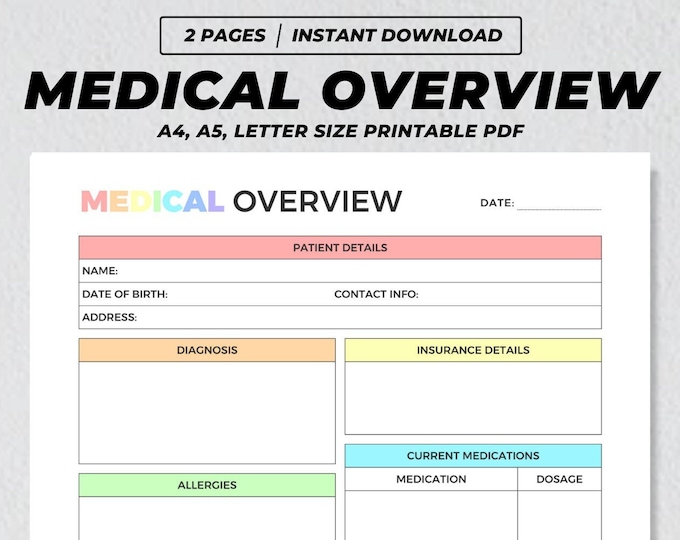 Medical Overview Printable, Patient Medical Summary, Health Treatment ...