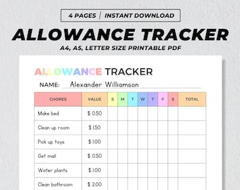 Allowance Tracker Weekly Allowance Chore Chart for Kids - Etsy