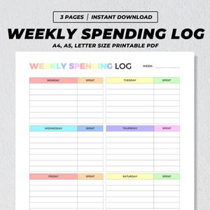 Weekly Spending Tracker Printable, Expense Record Planner, Purchase ...