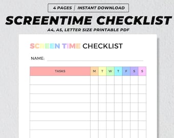 Kids Screen Time Checklist Editable Chore Chart for Kids - Etsy Australia