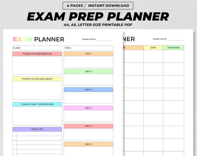 Exam Planner Printable, Student Exam Prep Organizer, Subject Study ...