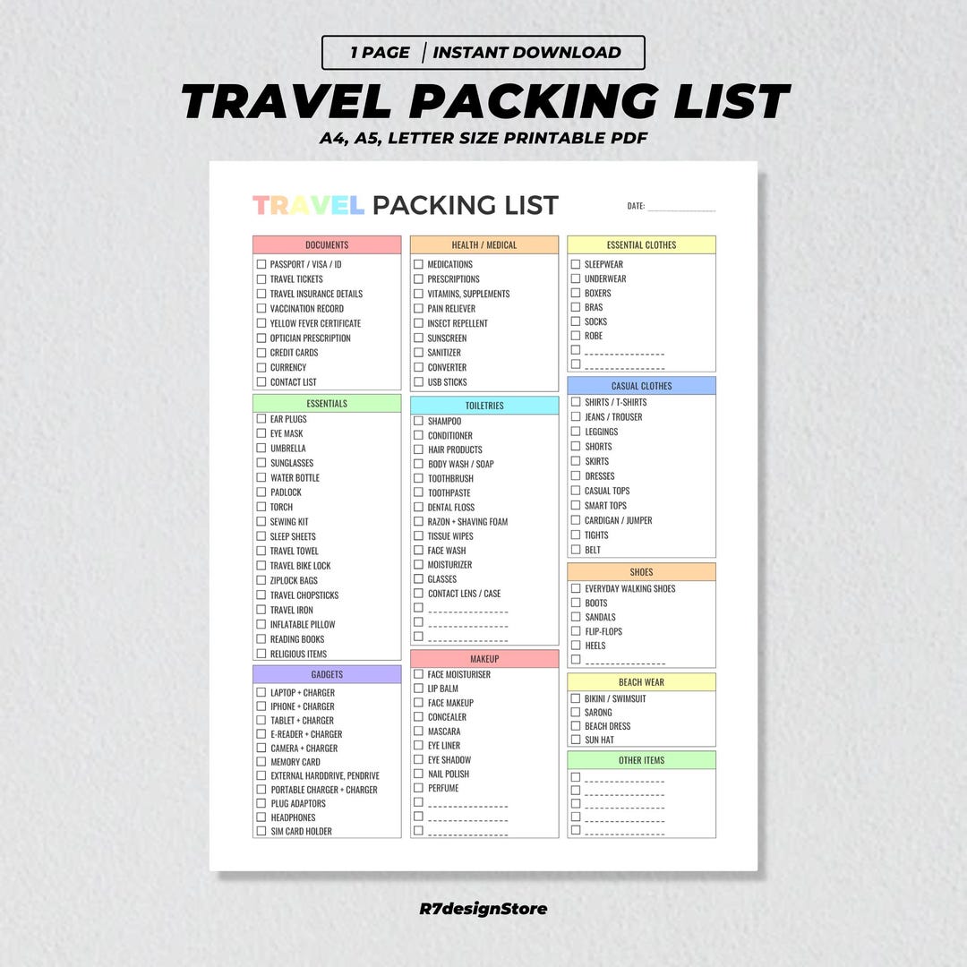 Travel Packing List Printable, Travel Planner, Vacation Essential ...