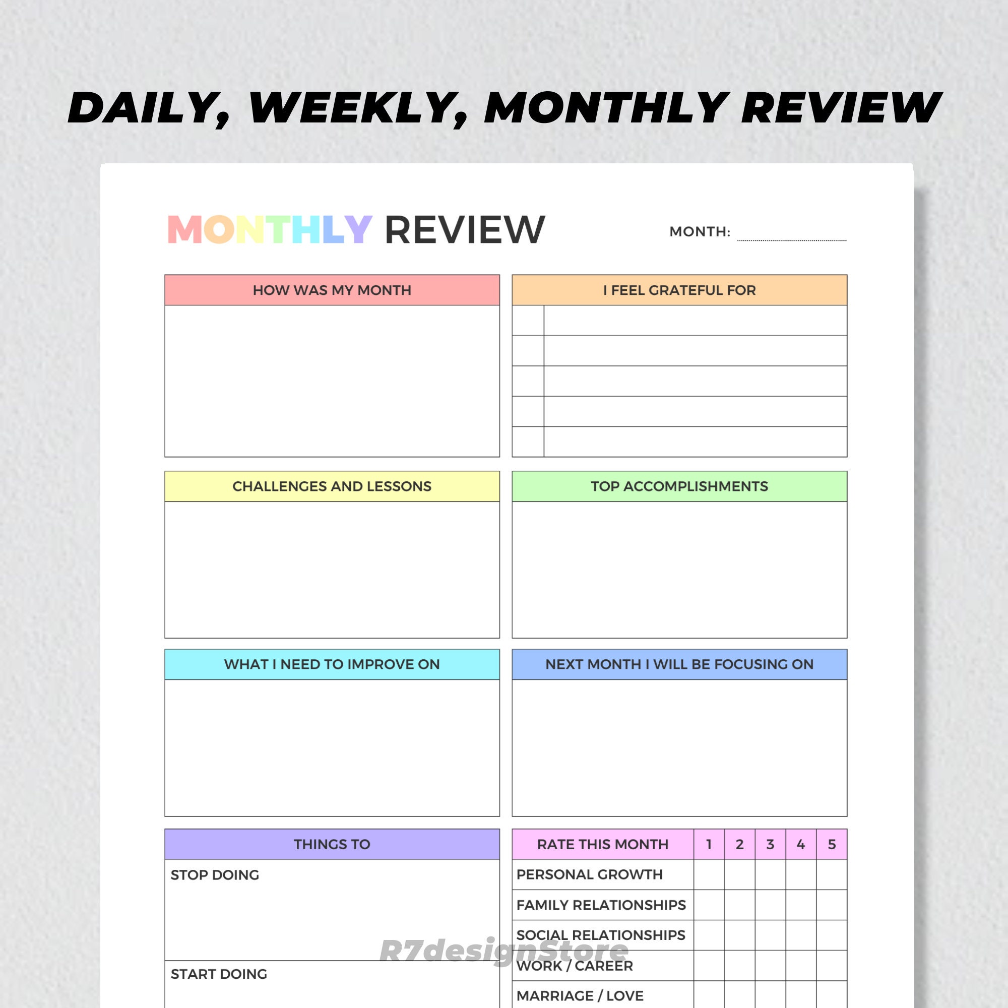 Daily Weekly Monthly Review Printable Gratitude Reflections - Etsy
