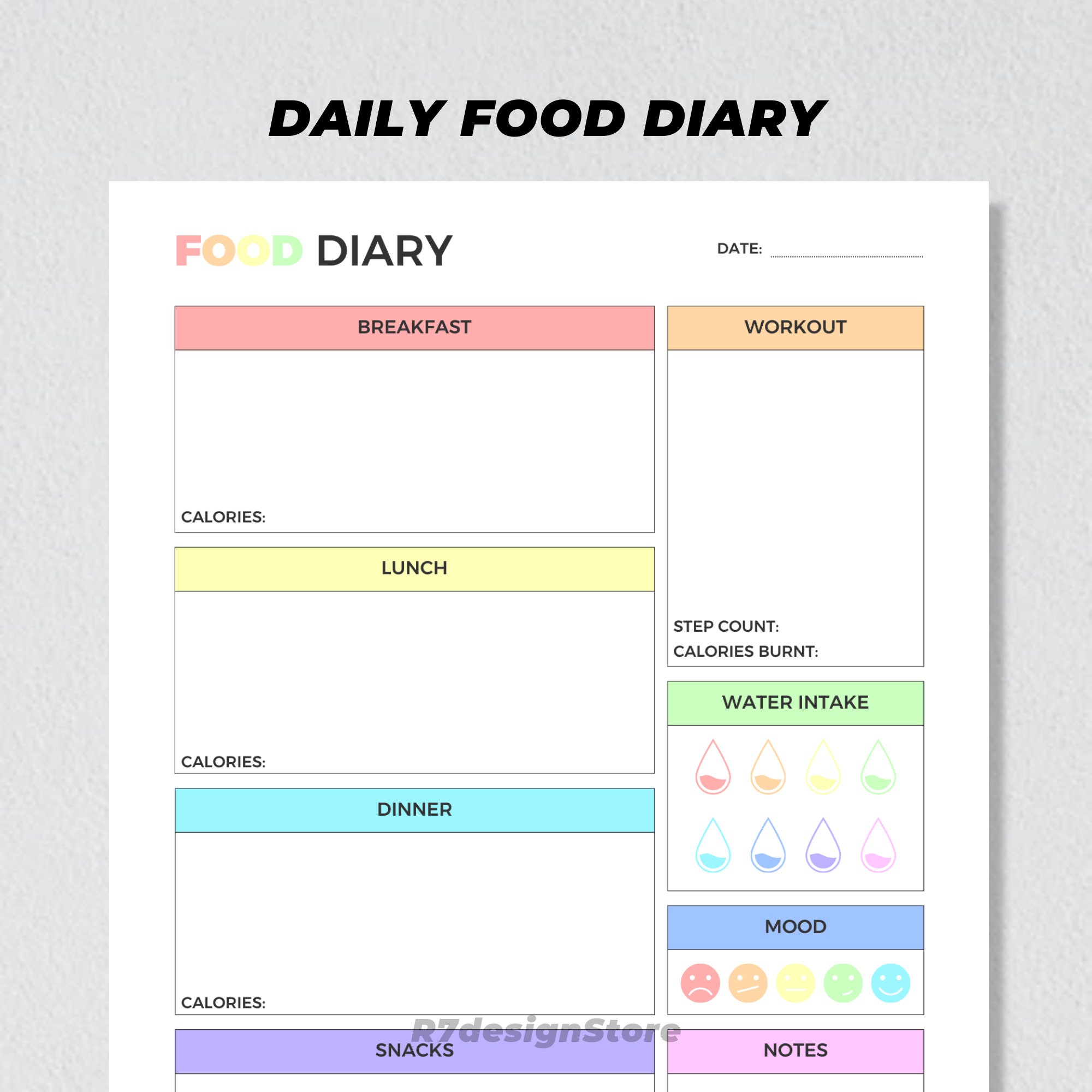 Daily Food Diary Log Printable, Everyday Calorie Tracker, Diet Fitness ...