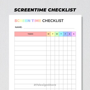 Kids Screen Time Checklist Printable, Weekly Chore Chart, Earn Screen ...