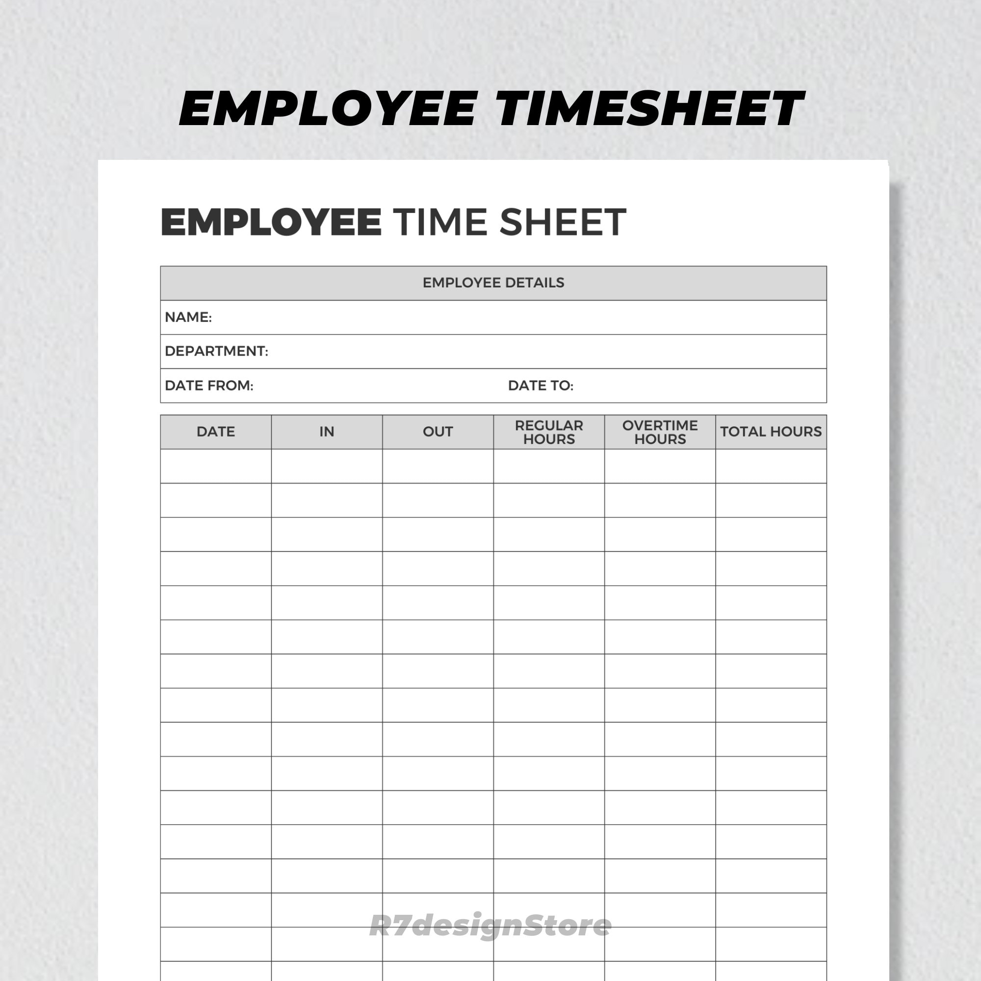 Employee Timesheet Printable, Daily Time Tracker (A4, A5, US Letter ...
