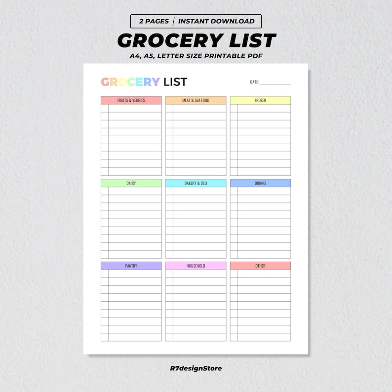 Grocery List Printable Food Shopping List Pantry Dairy - Etsy
