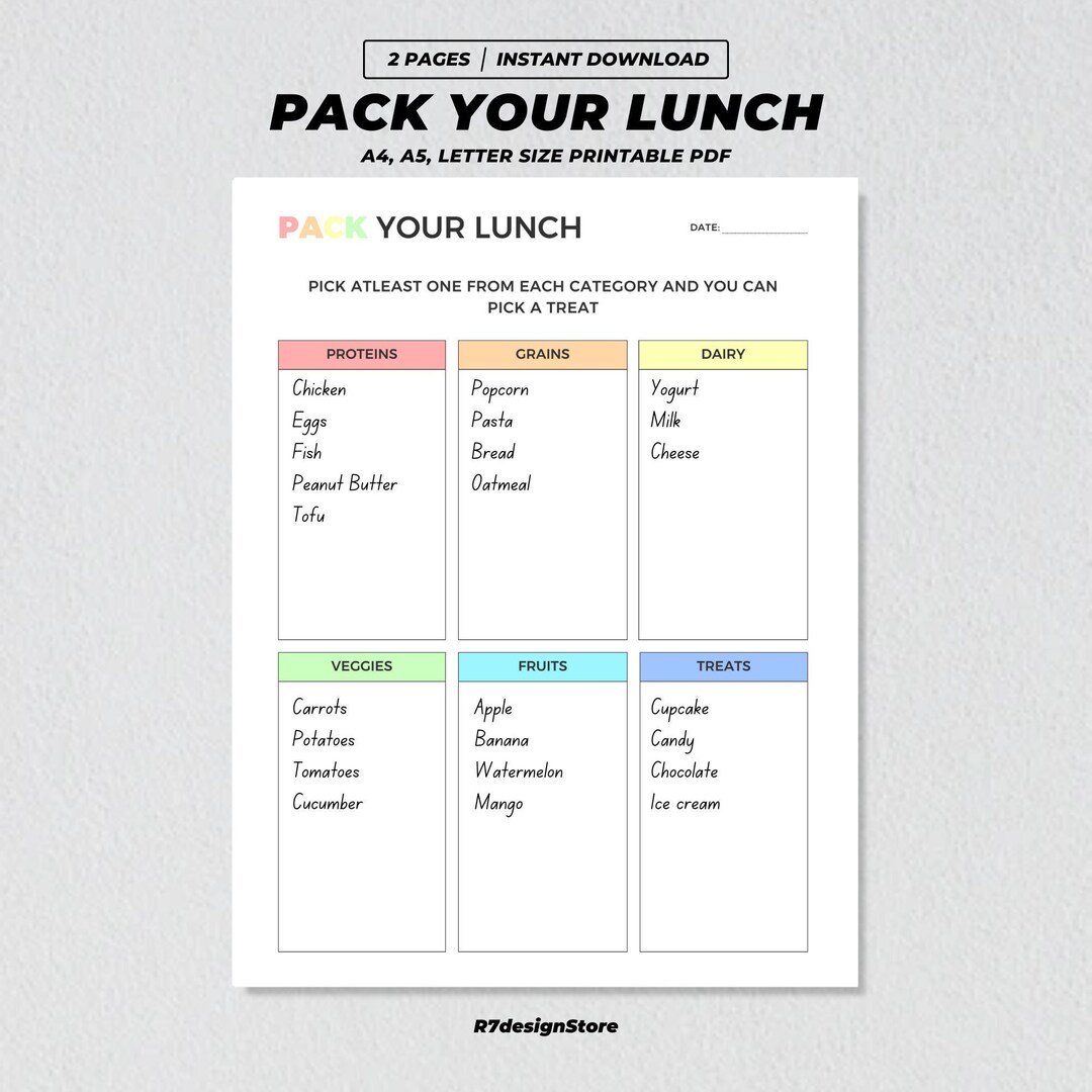 Pack Your Lunch Printable, Kids Daily Lunchbox Editable, Colorful ...