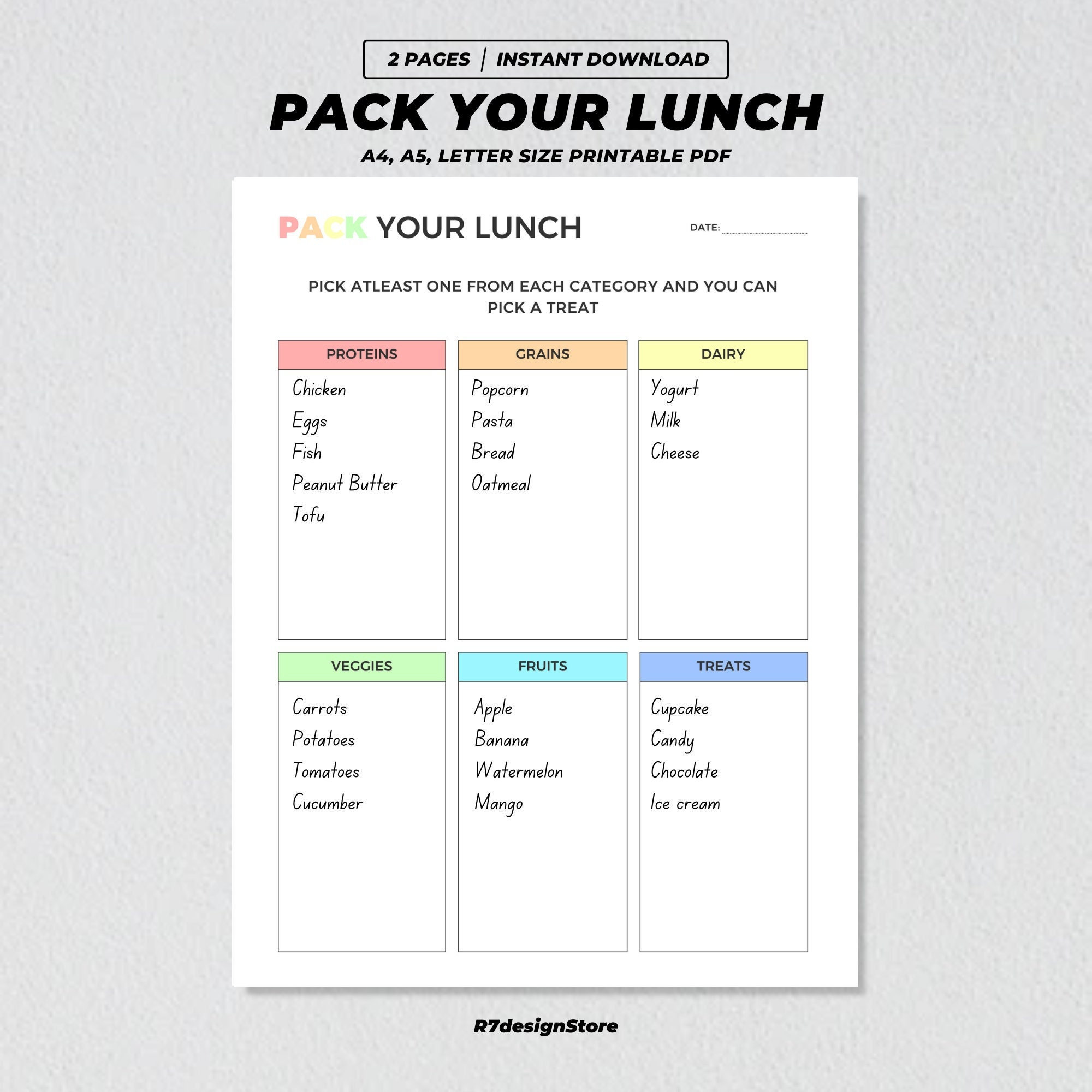 Pack Your Lunch Printable, Kids Daily Lunchbox Editable, Colorful ...