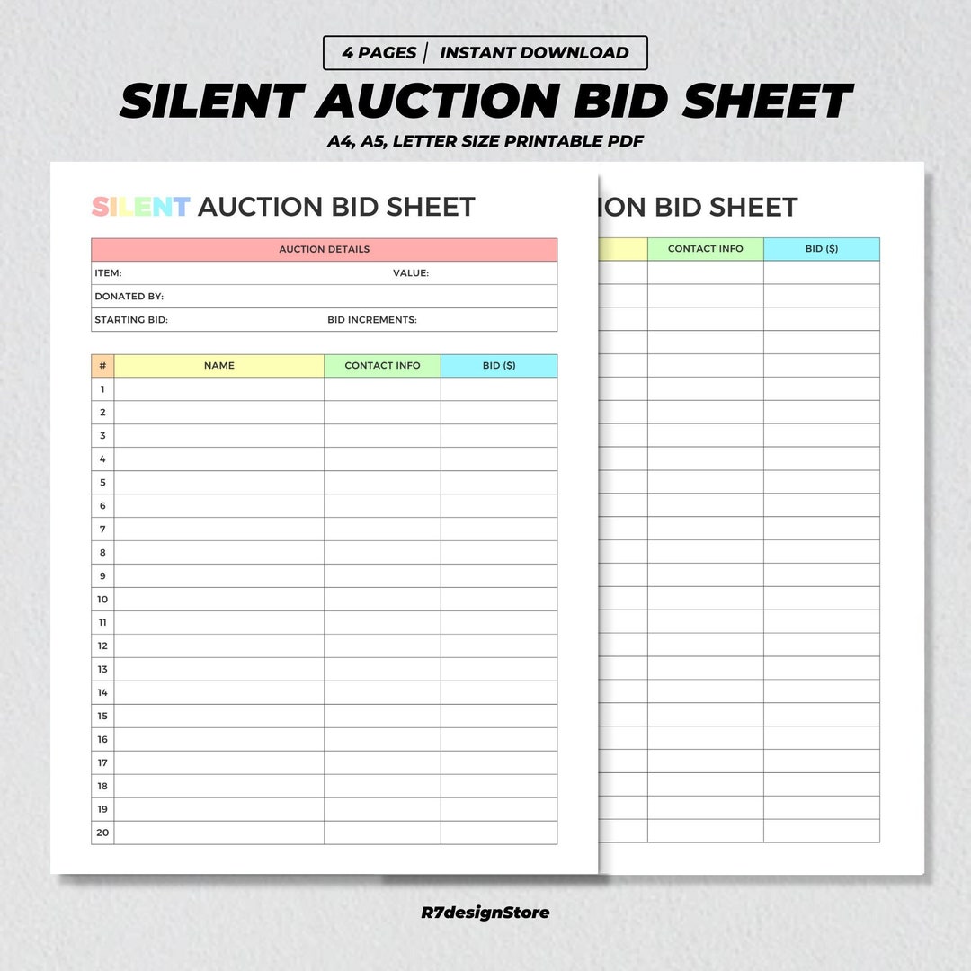 Silent Auction Bid Sheet Printable, Fillable Fundraiser Sheet, Auction ...