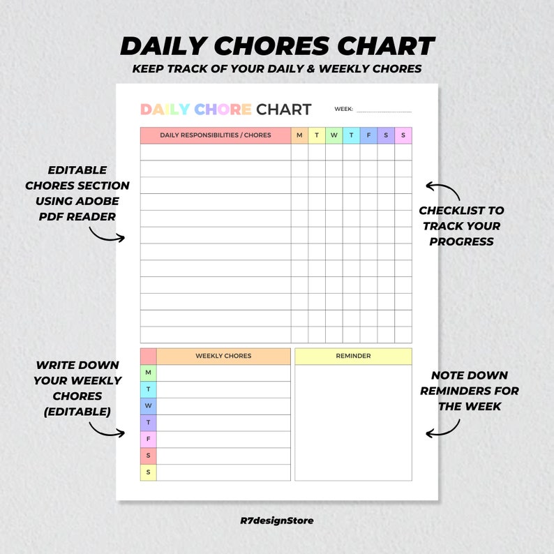 Daily Chores Chart Printable, Kids Responsibility Checklist Planner ...