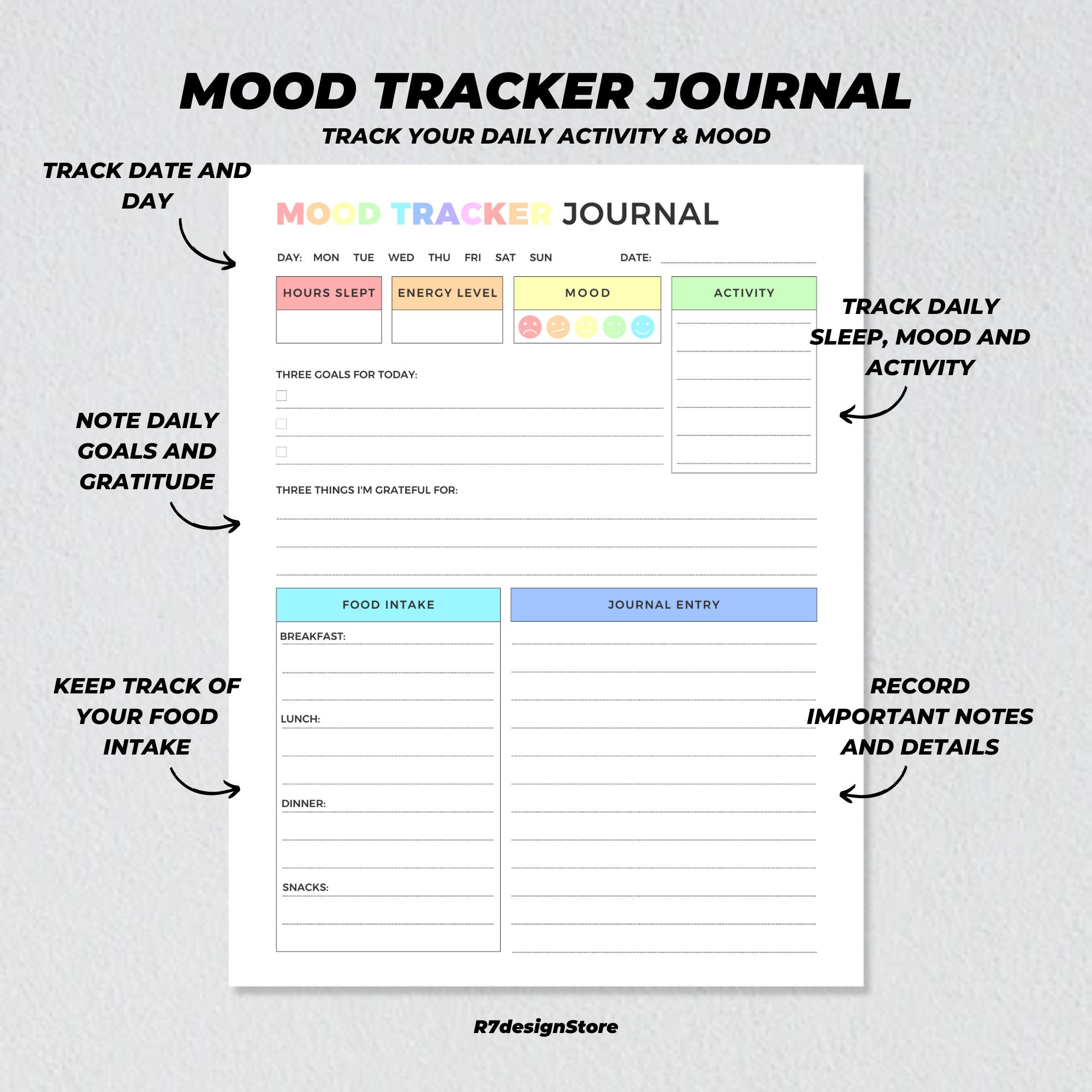 Mood Tracker Journal Printable, Emotion Wellness Tracker, Anxiety ...
