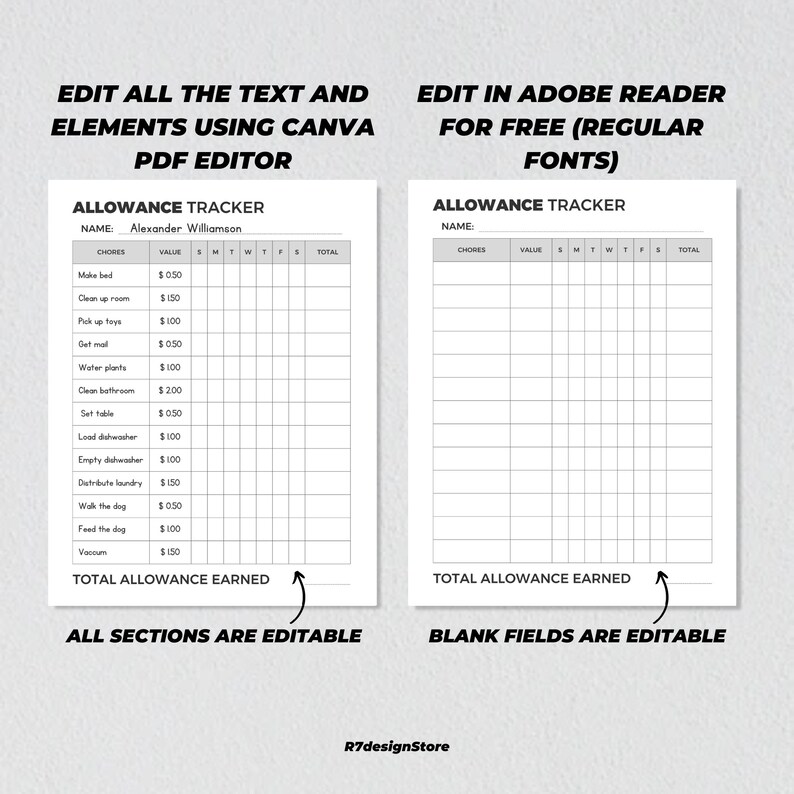 Allowance Tracker for Kids Printable, Weekly Allowance Chore Chart ...