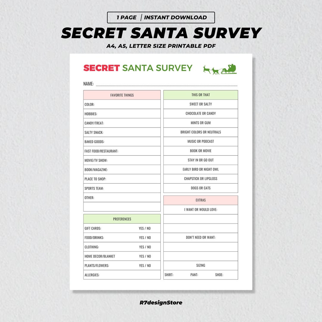 Secret Santa Survey Printable, Christmas Reunion Game, This or That ...
