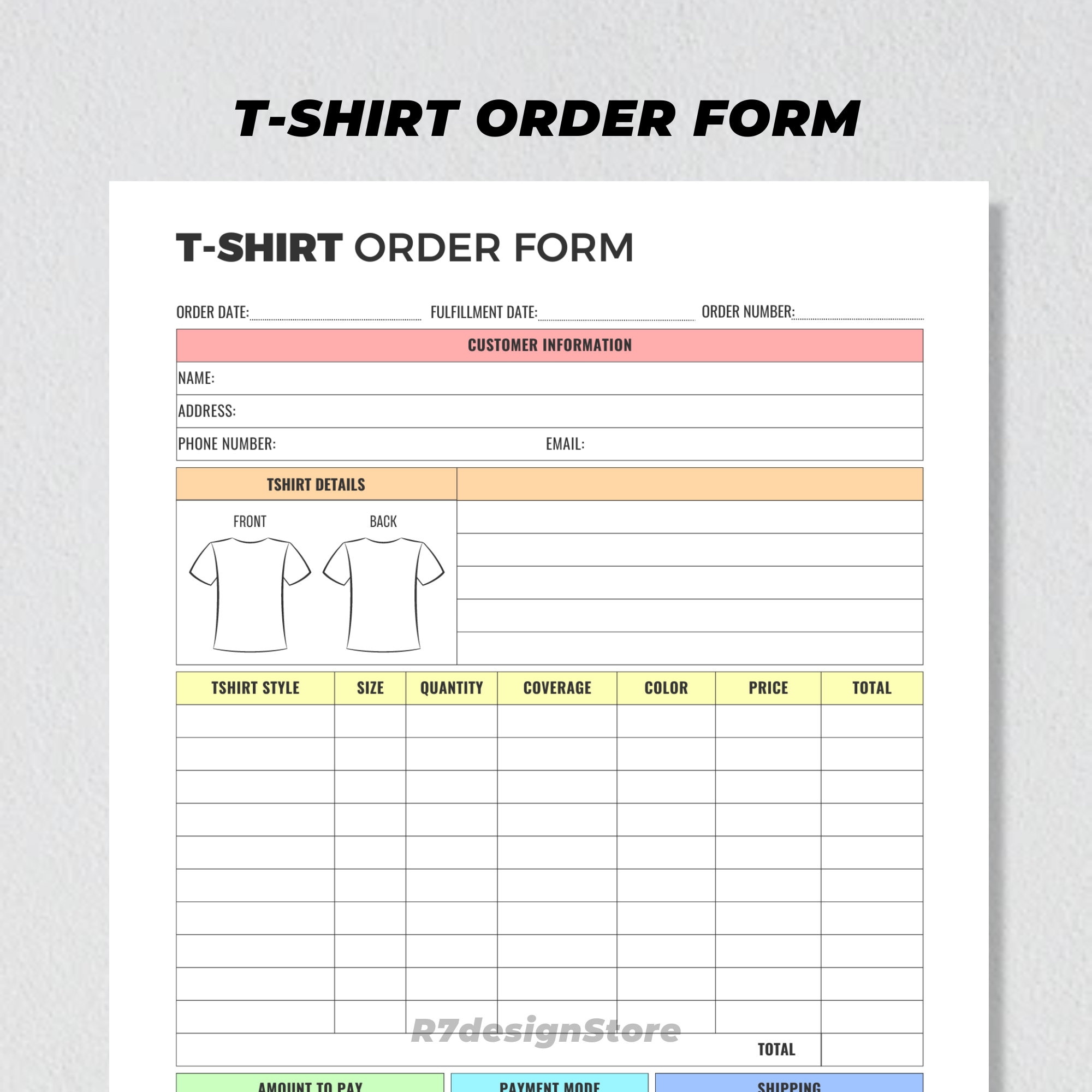 T-shirt Order Form Printable, Small Business Order Template, Custom ...