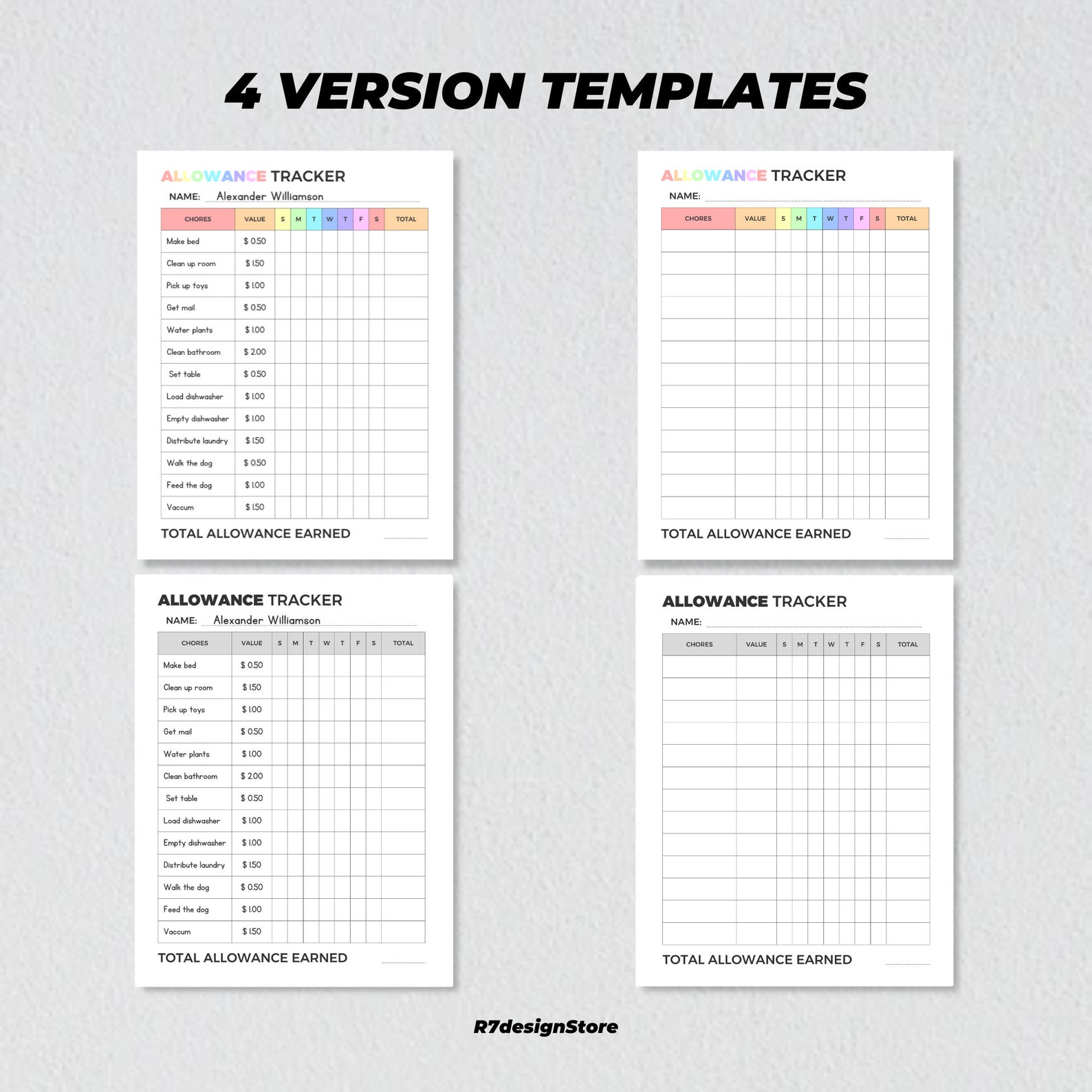 Allowance Tracker for Kids Printable, Weekly Allowance Chore Chart ...