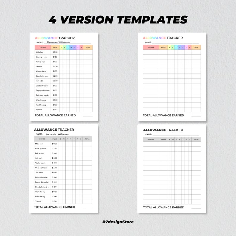 Allowance Tracker for Kids Printable, Weekly Allowance Chore Chart ...