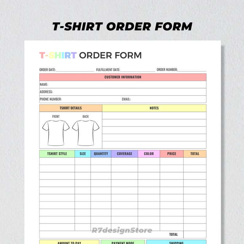 T-shirt Order Form Printable, Small Business Order Template, Custom ...