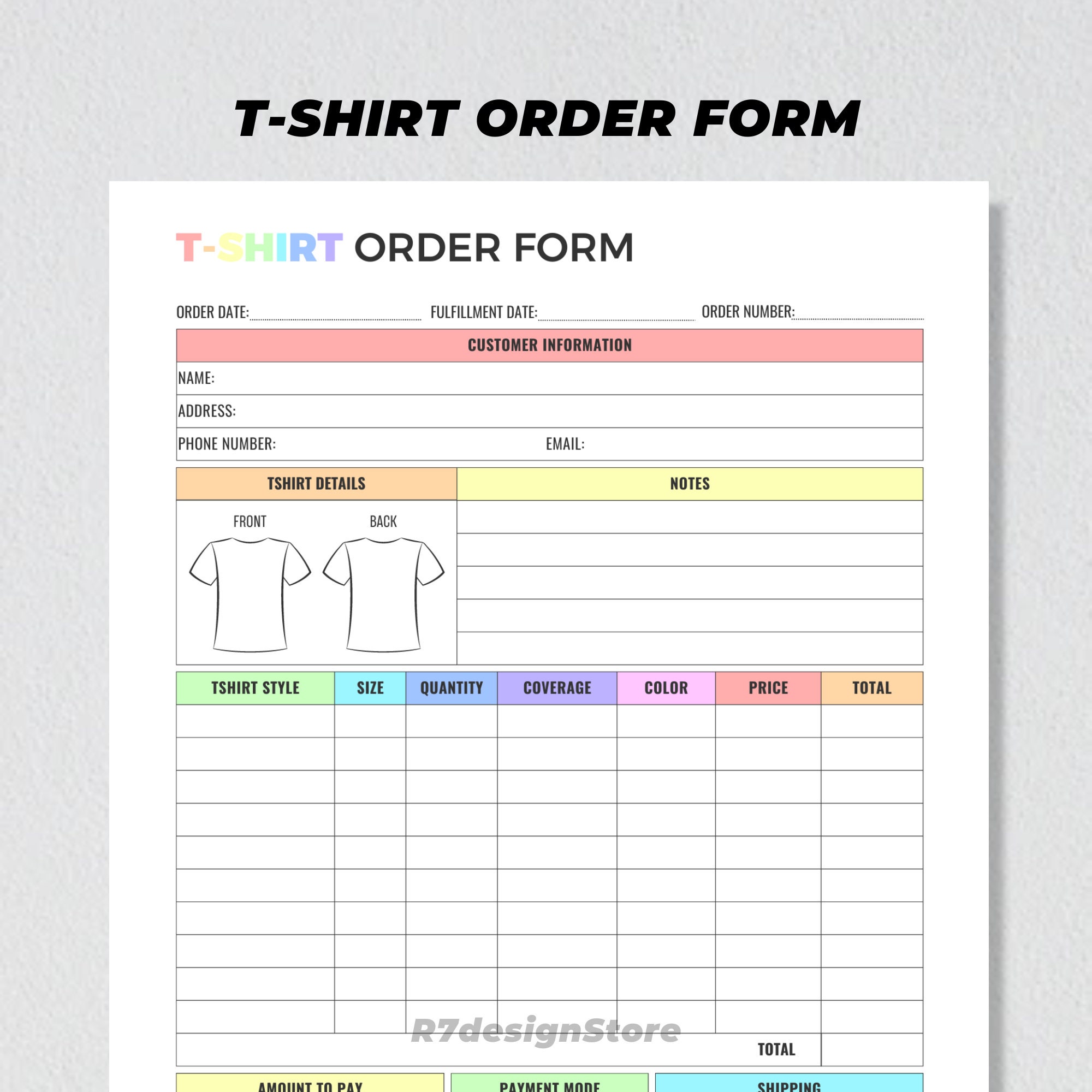 T-shirt Order Form Printable, Small Business Order Template, Custom ...