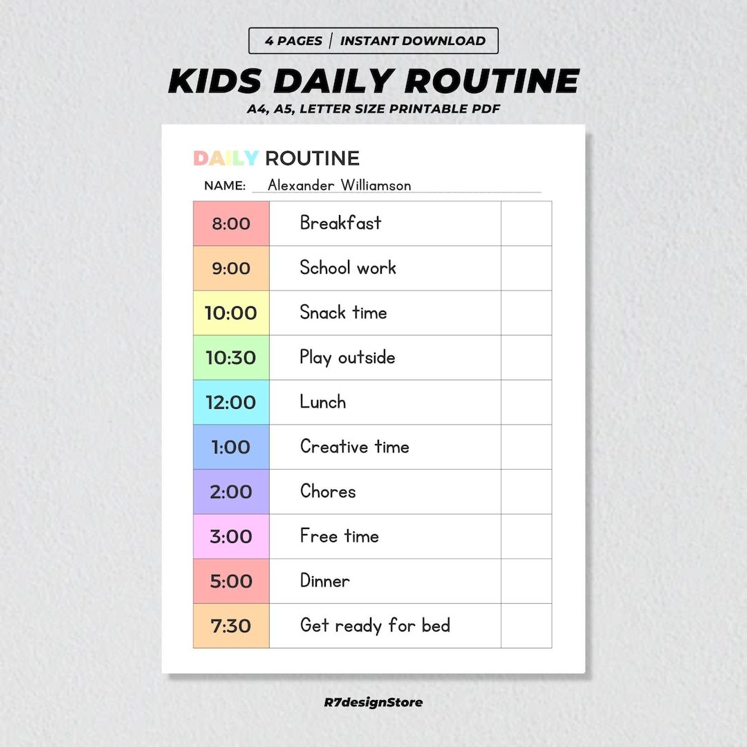 Kids Daily Routine Printable Chart, Daily Children Responsibility ...