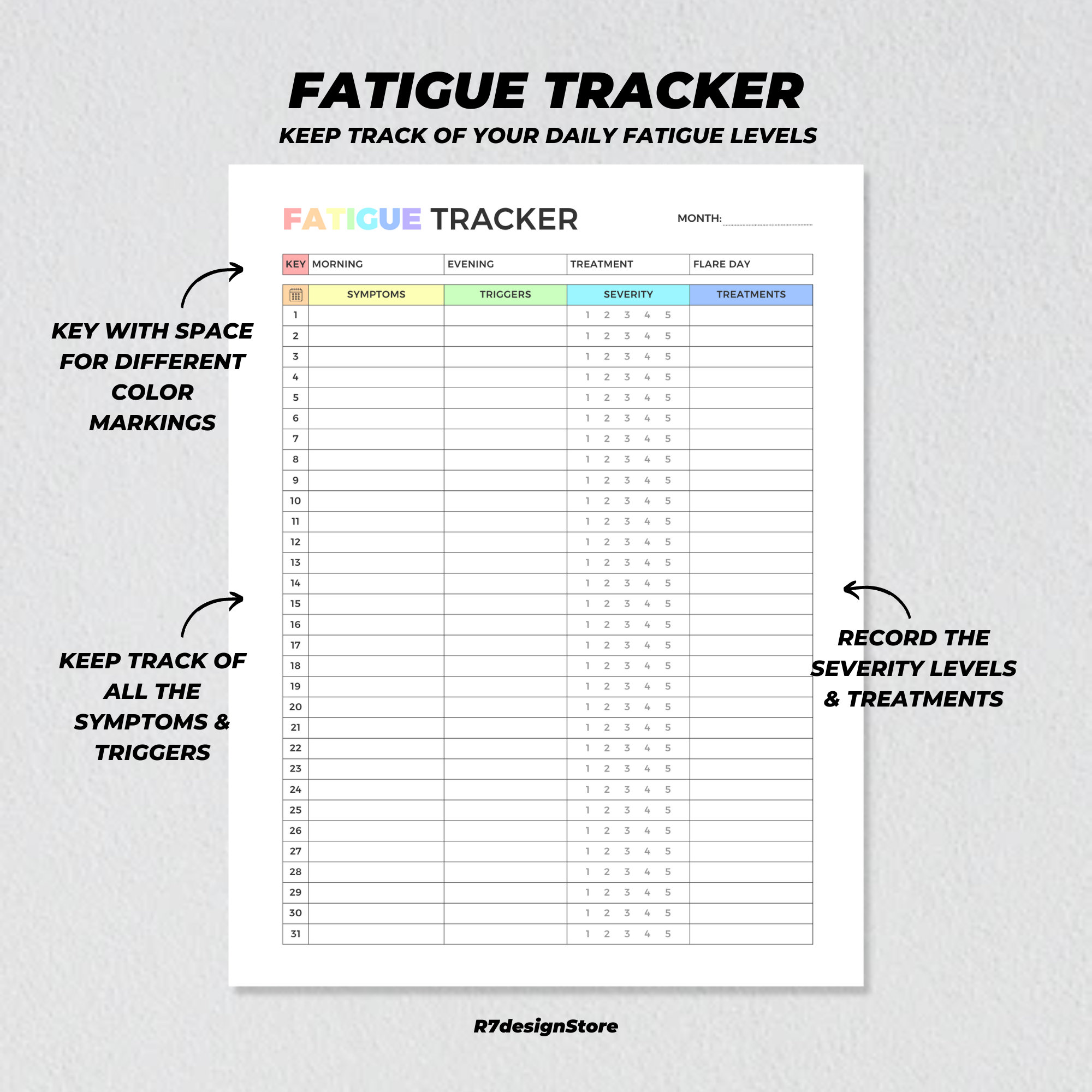 Fatigue Tracker Printable, Monthly Severity Chart, Health & Fitness ...