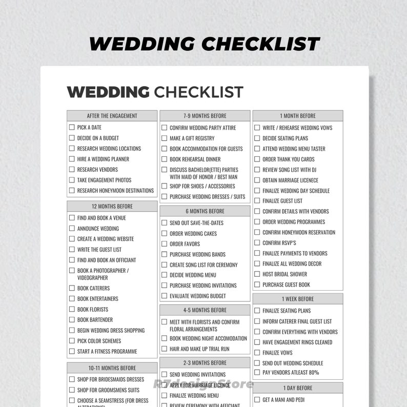 Wedding Checklist Printable, 12 Month Planner, Bride Groom to Do List ...