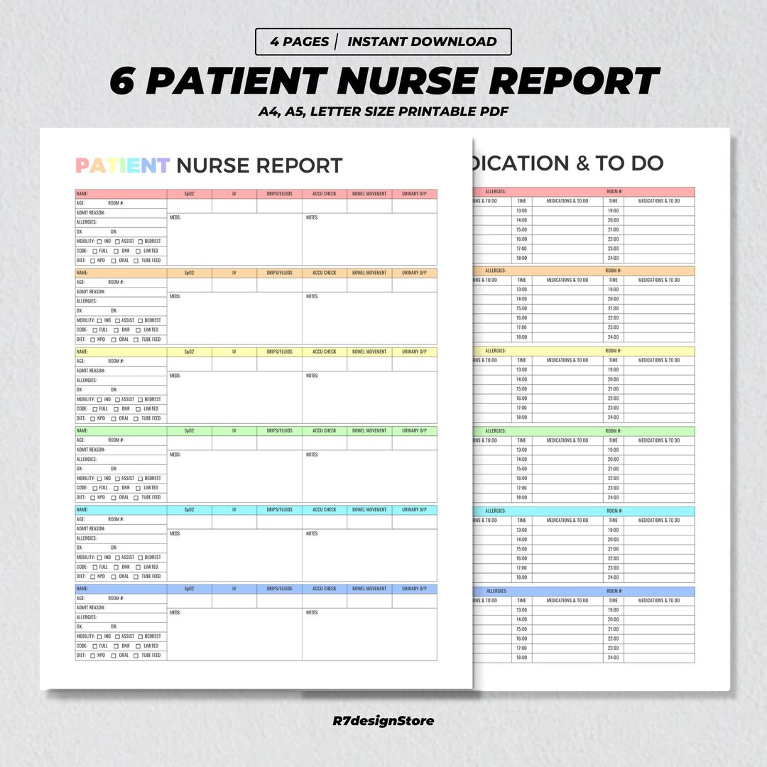 Nurse Report 6 Patient Printable, Med Surg Report, Nursing Brain Sheet ...