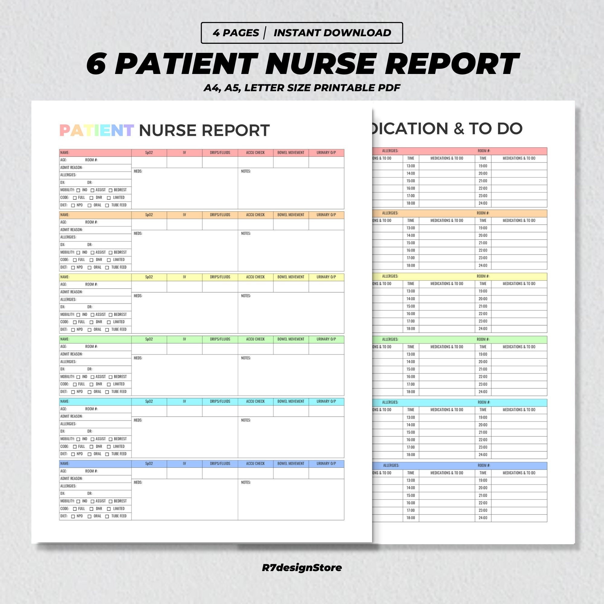 Nurse Report 6 Patient Printable, Med Surg Report, Nursing Brain Sheet, Shift Planner Handoff ...