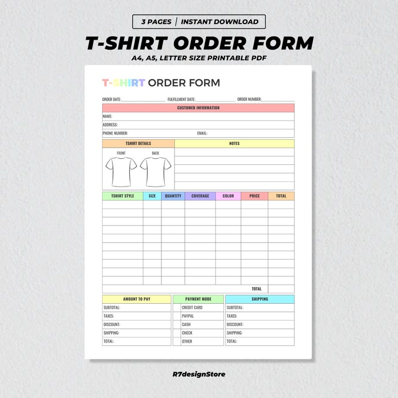 T-shirt Order Form Printable, Small Business Order Template, Custom ...