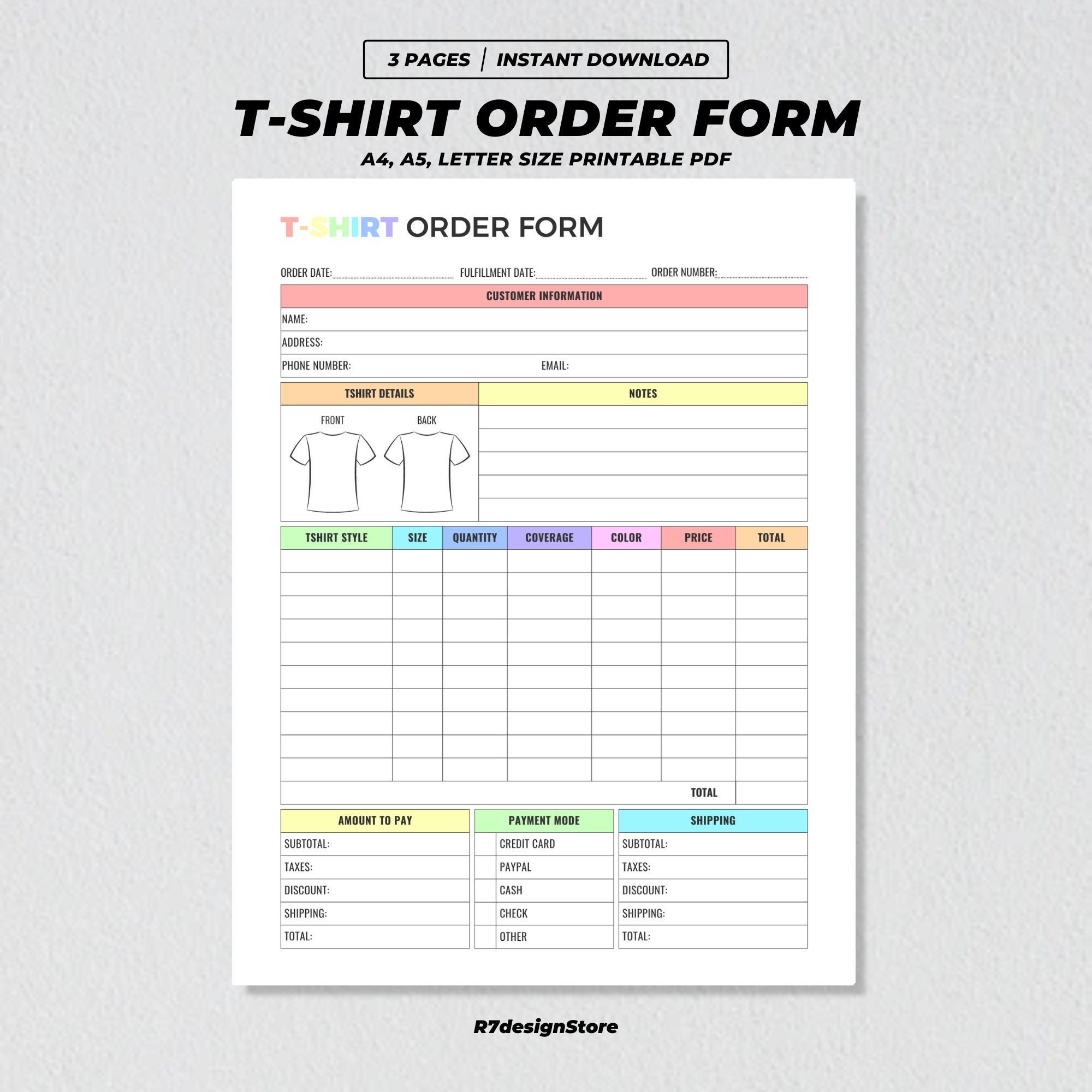 T-shirt Order Form Printable, Small Business Order Template, Custom ...