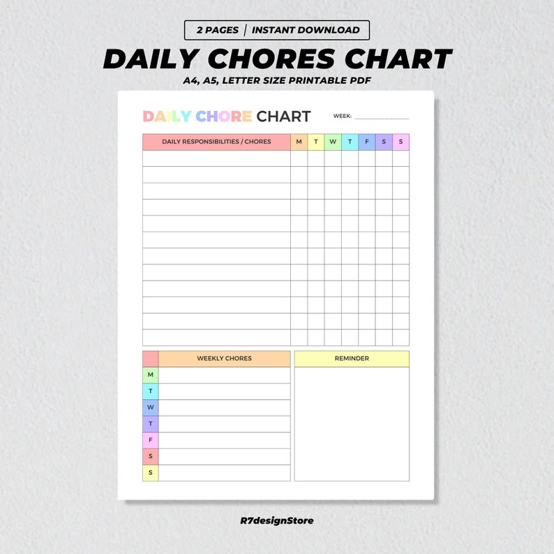 Daily Chores Chart Printable, Kids Responsibility Checklist Planner ...