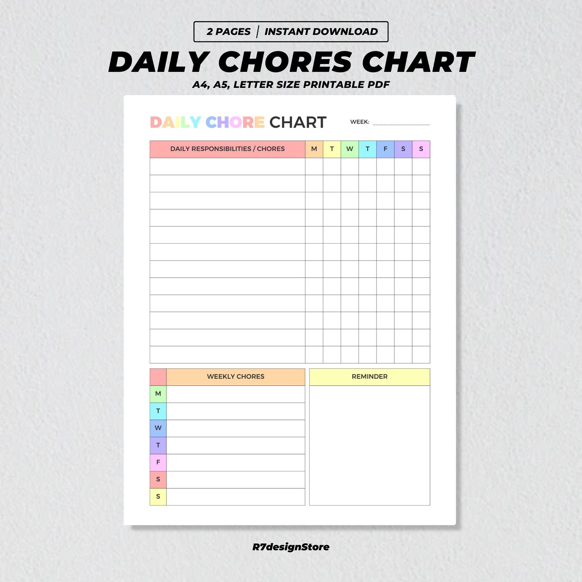 Daily Chores Chart Printable, Kids Responsibility Checklist Planner ...