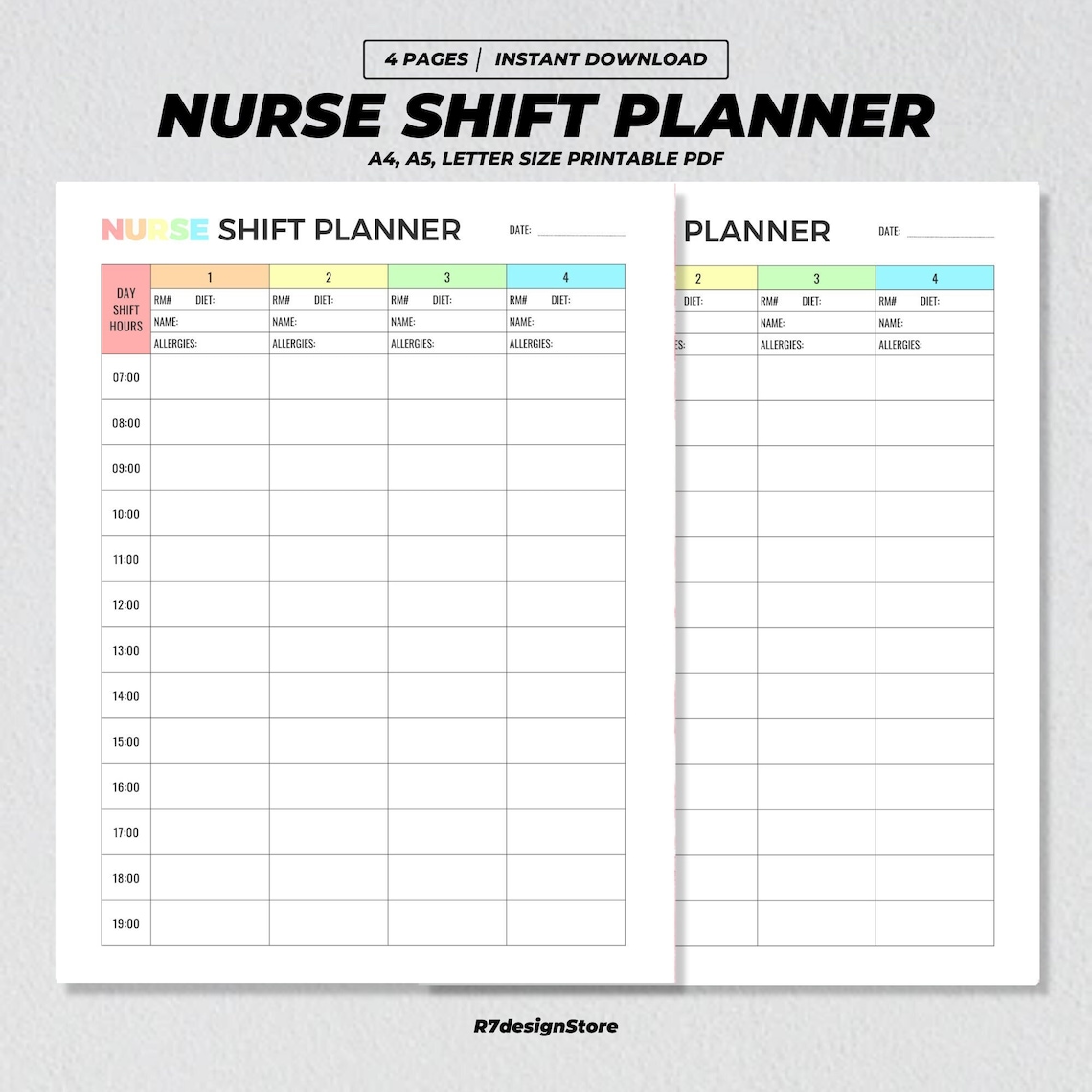 Buy Nurse Shift Planner Printable Nursing Hourly Tracker Day & Online ...
